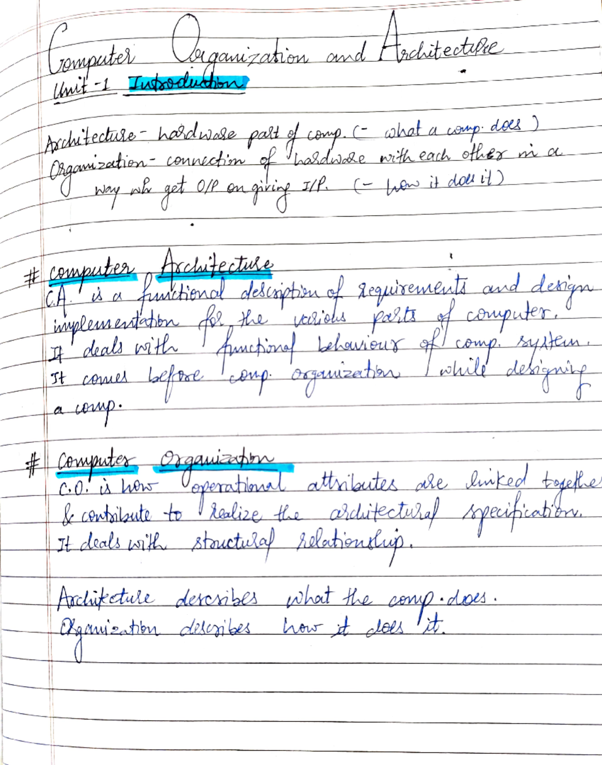COA notes - Compares Organization and Unit Introduction hardware part ...