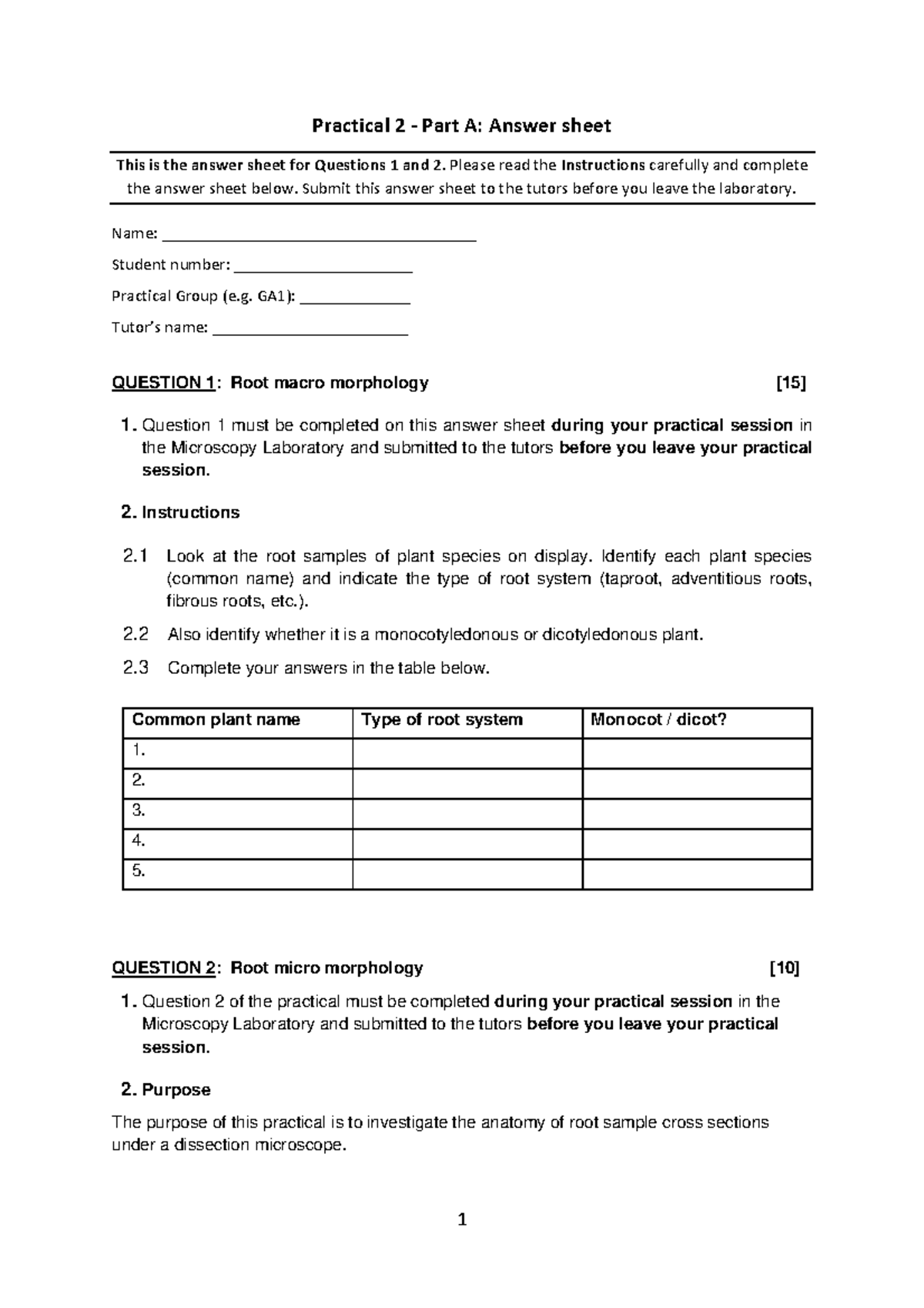 Practical 2 - Part A: Microscopy Lab Answer Sheet Instructions - Studocu