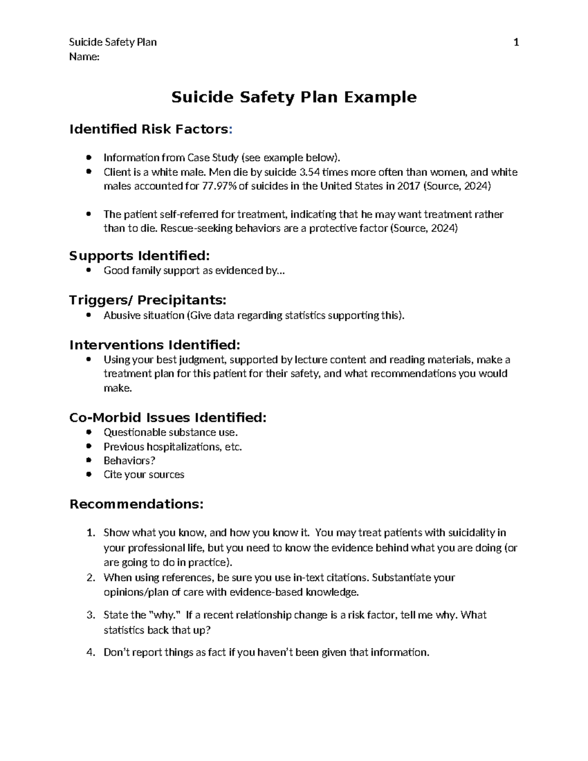 Brief Suicide Safety Plan Example Updated - Suicide Safety Plan 1 Name ...