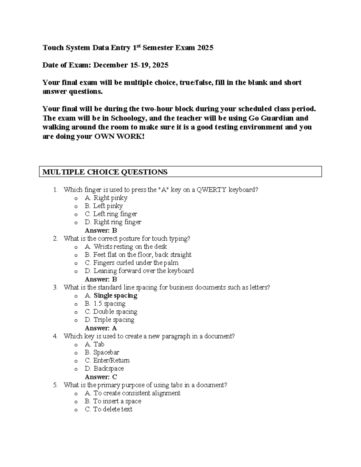 Touch System Data Entry 1st Semester Exam 2025 - Studocu