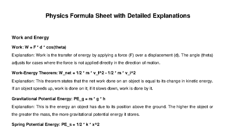 Physics Formula Sheet (PHYS 101) with Detailed Explanations - Studocu