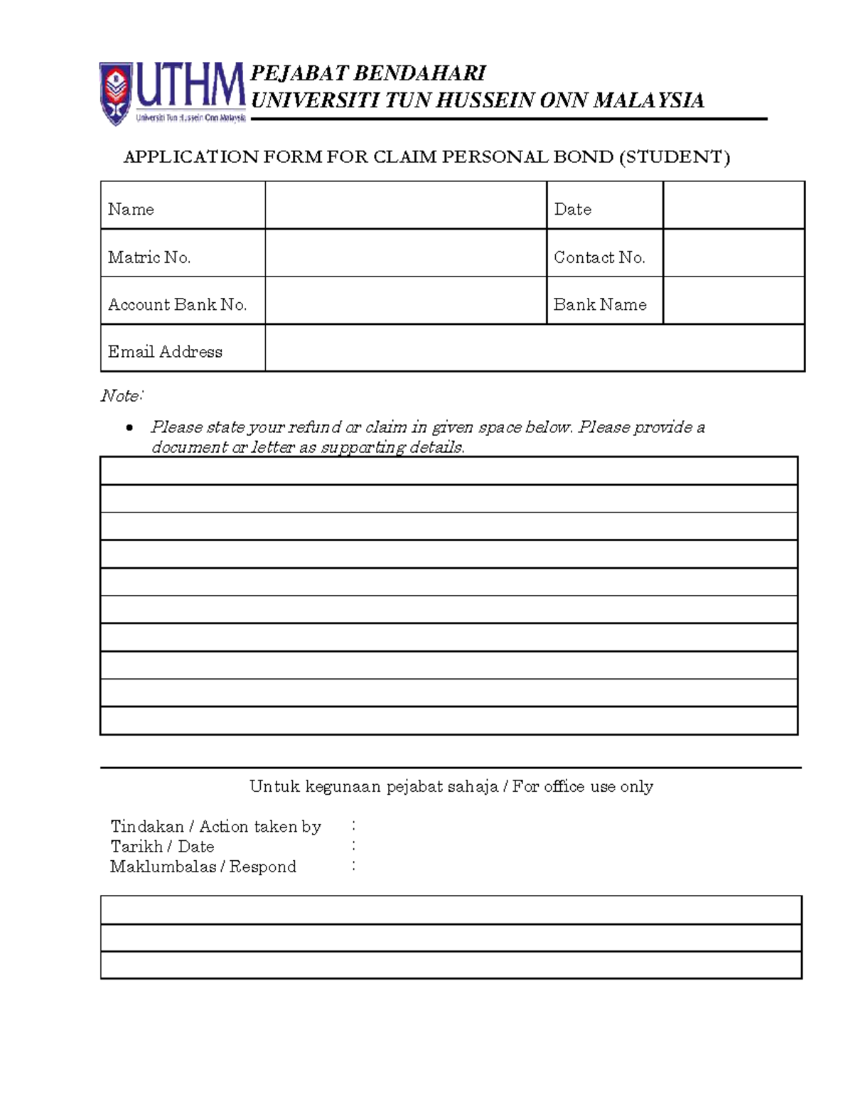 Borang Permohonan Tuntutan Personal Bond (Versi Bahasa Inggeris ...