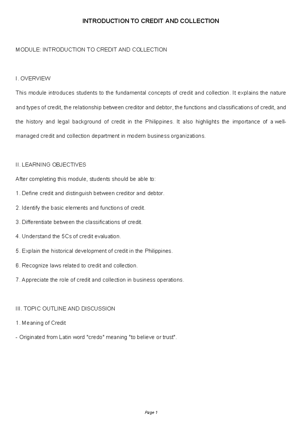 CREDIT & COLLECTION 101: MODULE OVERVIEW & LEARNING OBJECTIVES - Studocu