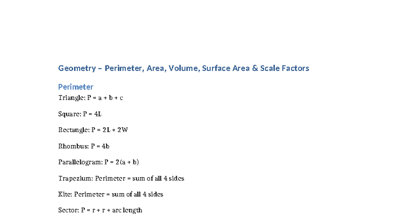 Geometry Formulas Study Sheet: Perimeter, Area, Volume, & Scale Factors ...