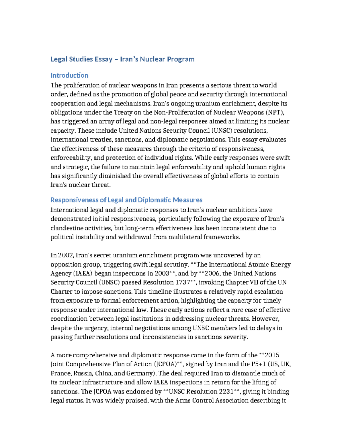 Iran Nuclear Program: Legal Studies Essay on Global Responses - Studocu
