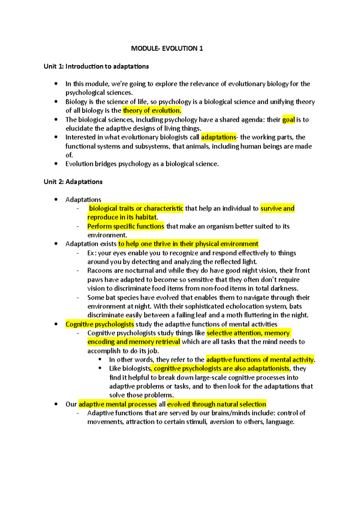 Evolution 1 psych 1xx3 - module notes - EVOLUTION 1 Unit 1 ...