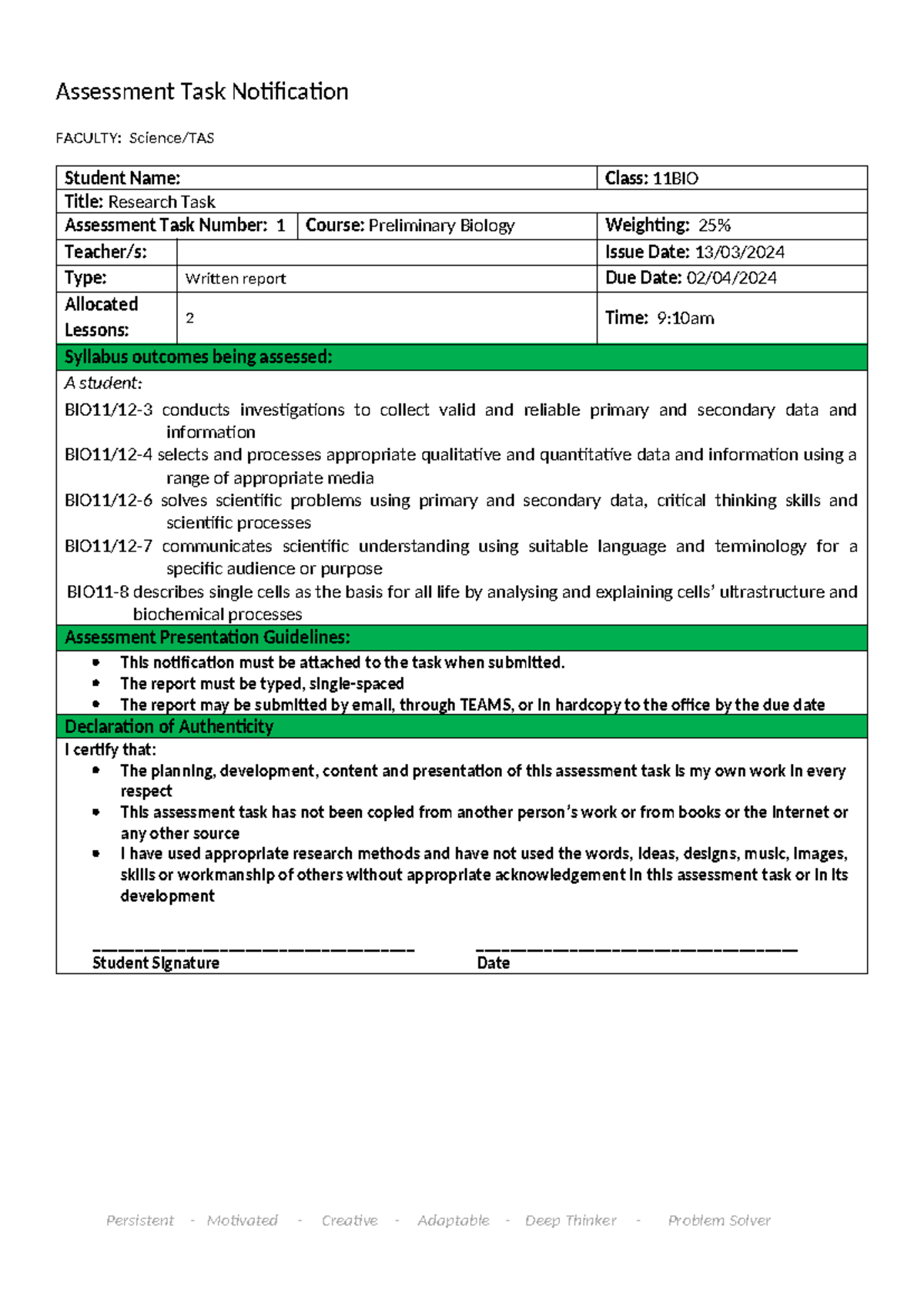 11BIO Research Task Assessment Notification - Module 1 - Studocu