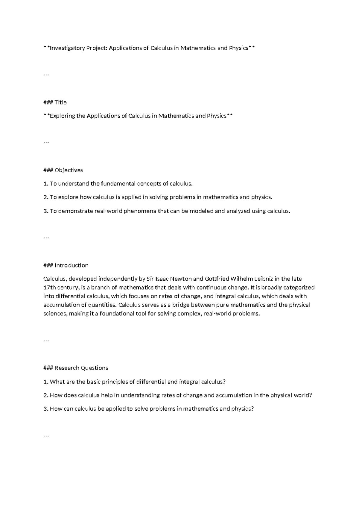 Investigatory Project: Applications of Calculus in Math & Physics - Studocu