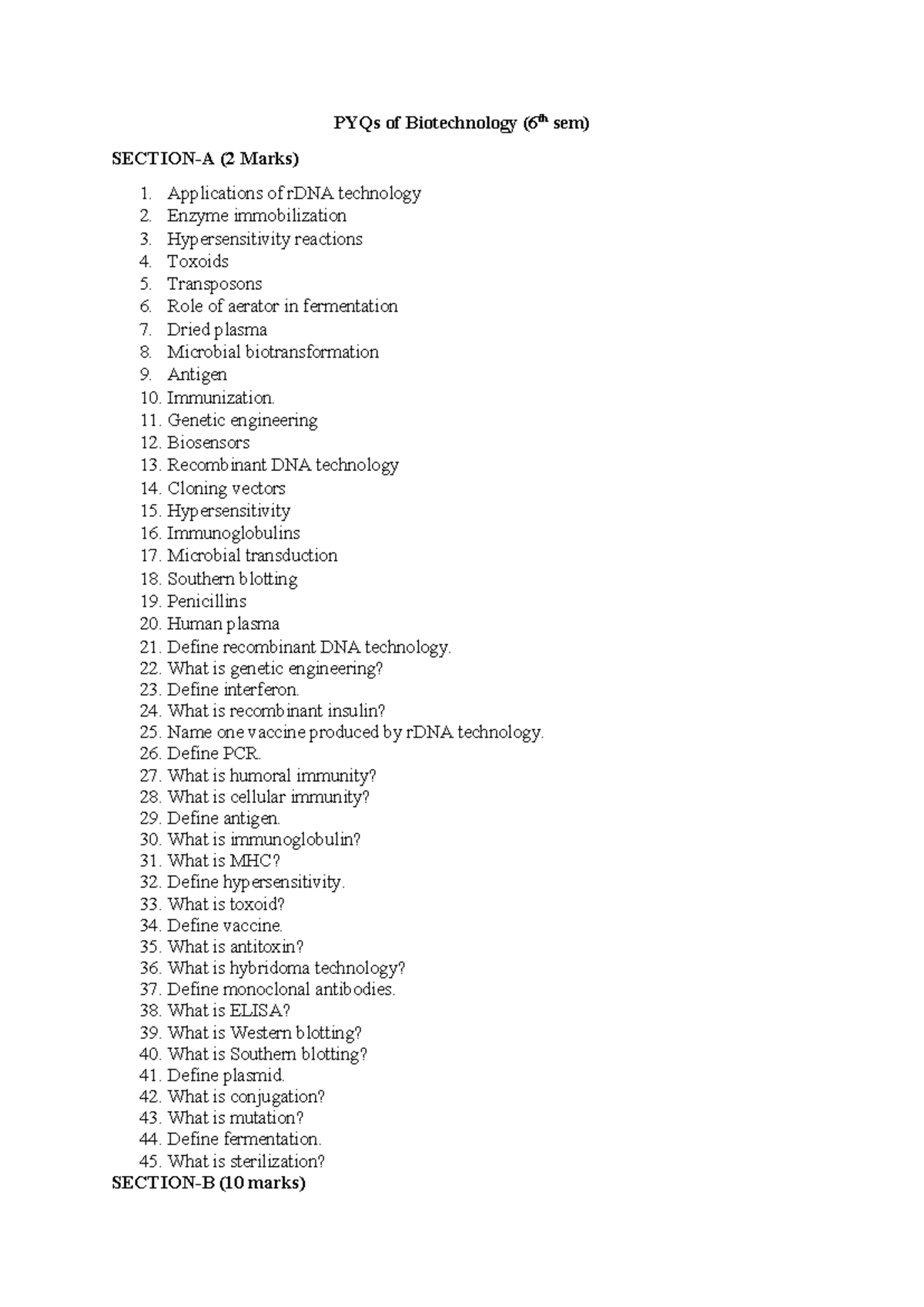 PYQs of Biotechnology (6th Sem) - Practice Material for Exam Prep - Studocu