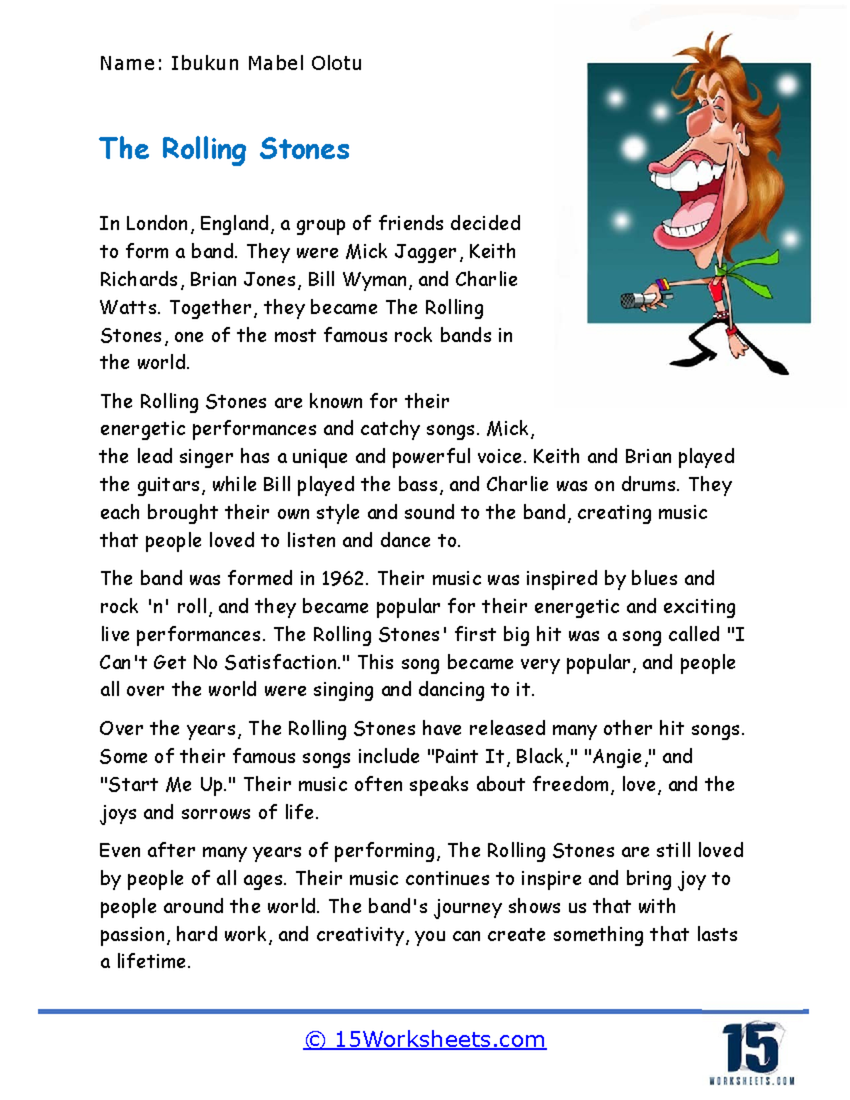 Rolling Stones reading comprehension Answer - Name: Ibukun Mabel Olotu ...