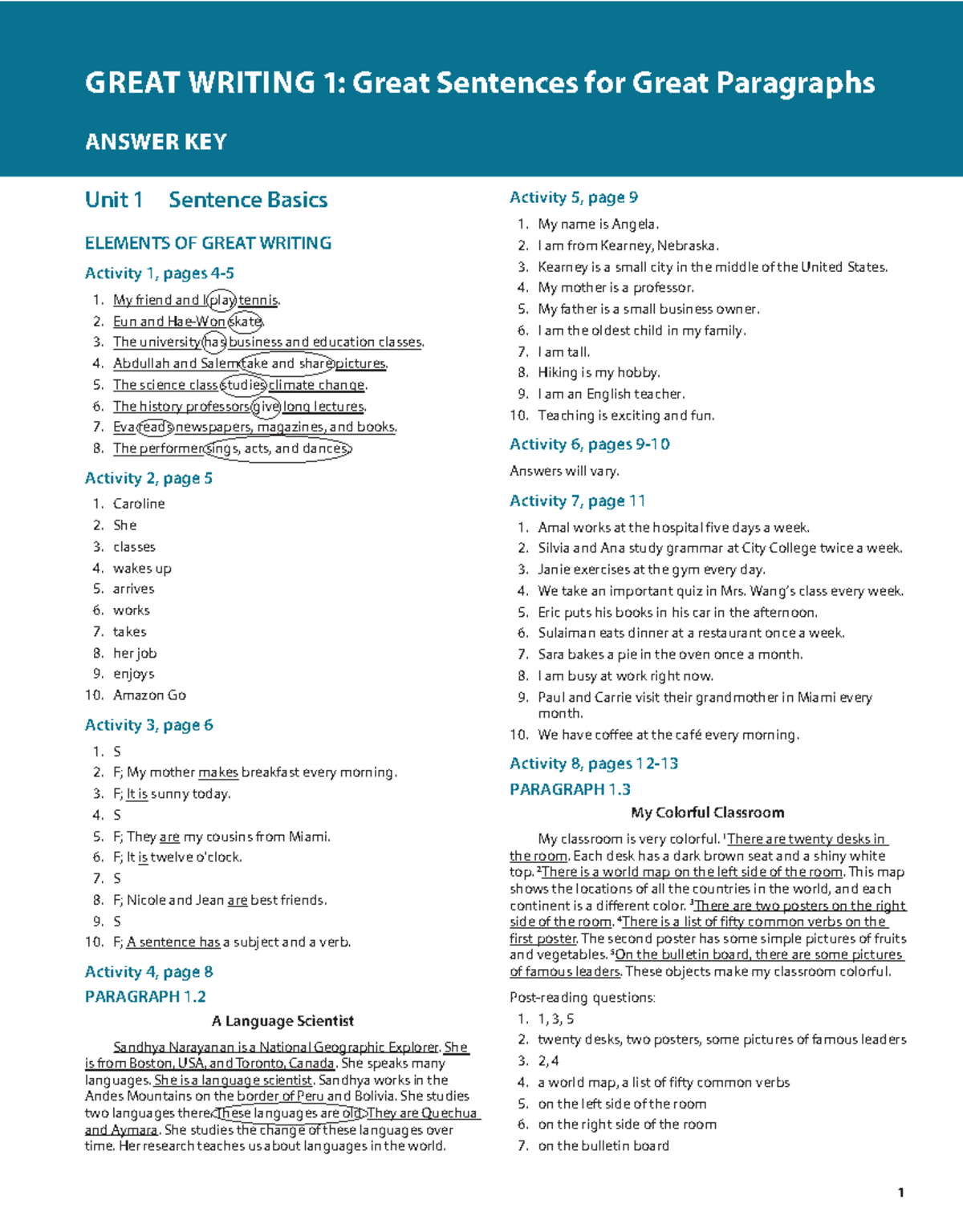 GREAT WRITING 1: Great Sentences for Great Paragraphs ANSWER KEY - Unit ...