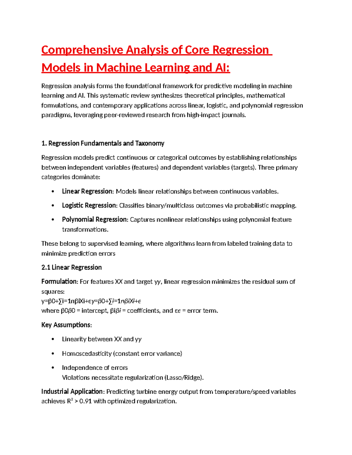 Core Regression Models in ML & AI: A Comprehensive Review - Studocu