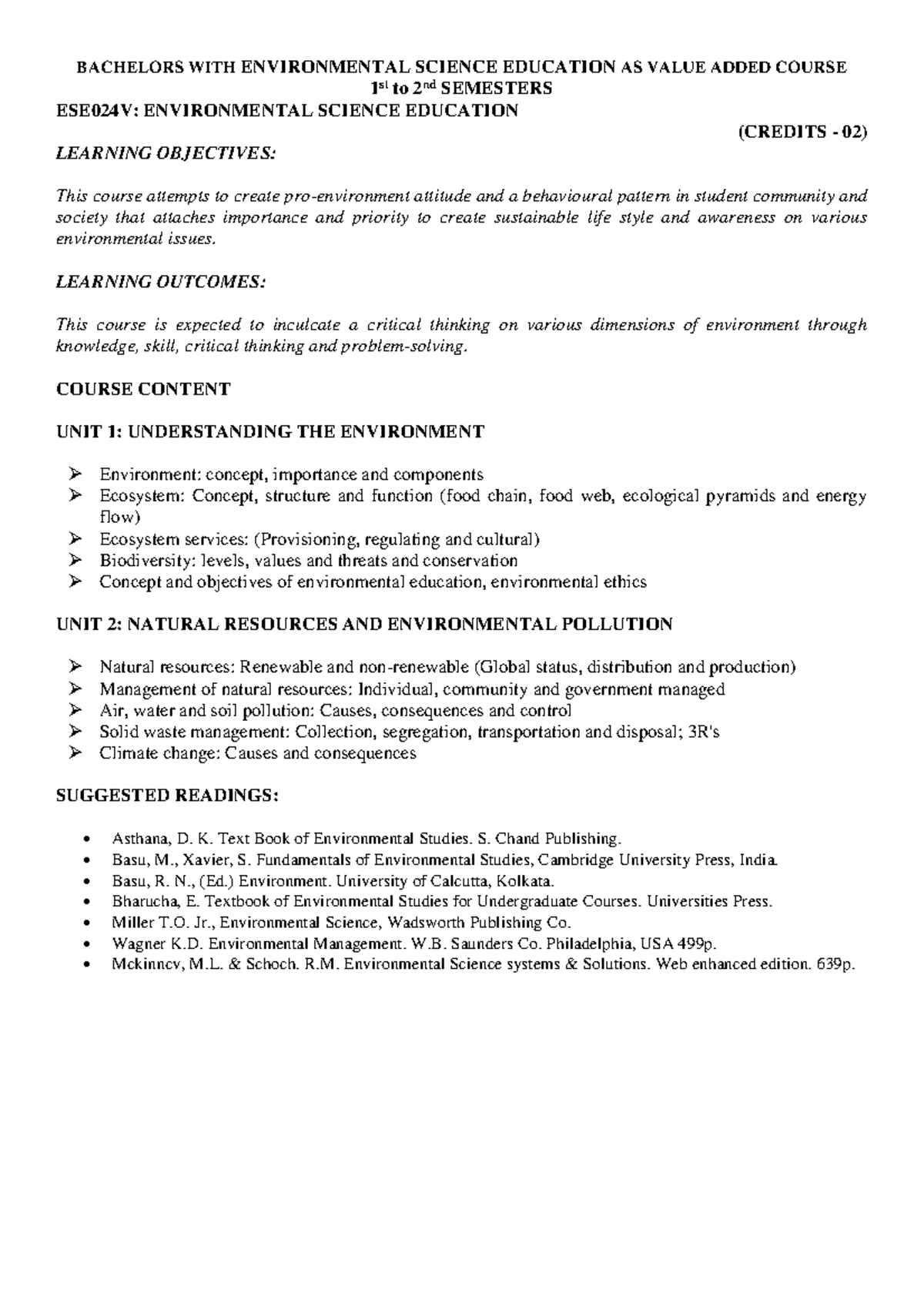 ESE024V: Environmental Science Education Syllabus (1st-2nd Sem) - Studocu
