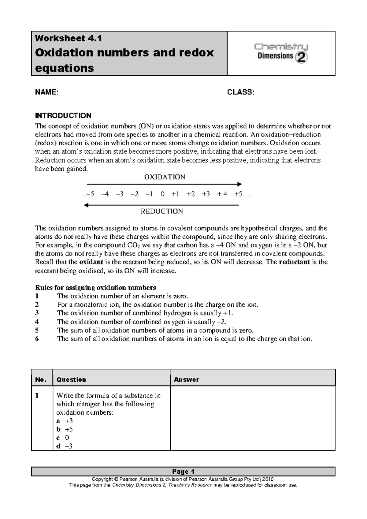 Worksheet 4.1: Oxidation Numbers & Redox Reactions - Studocu