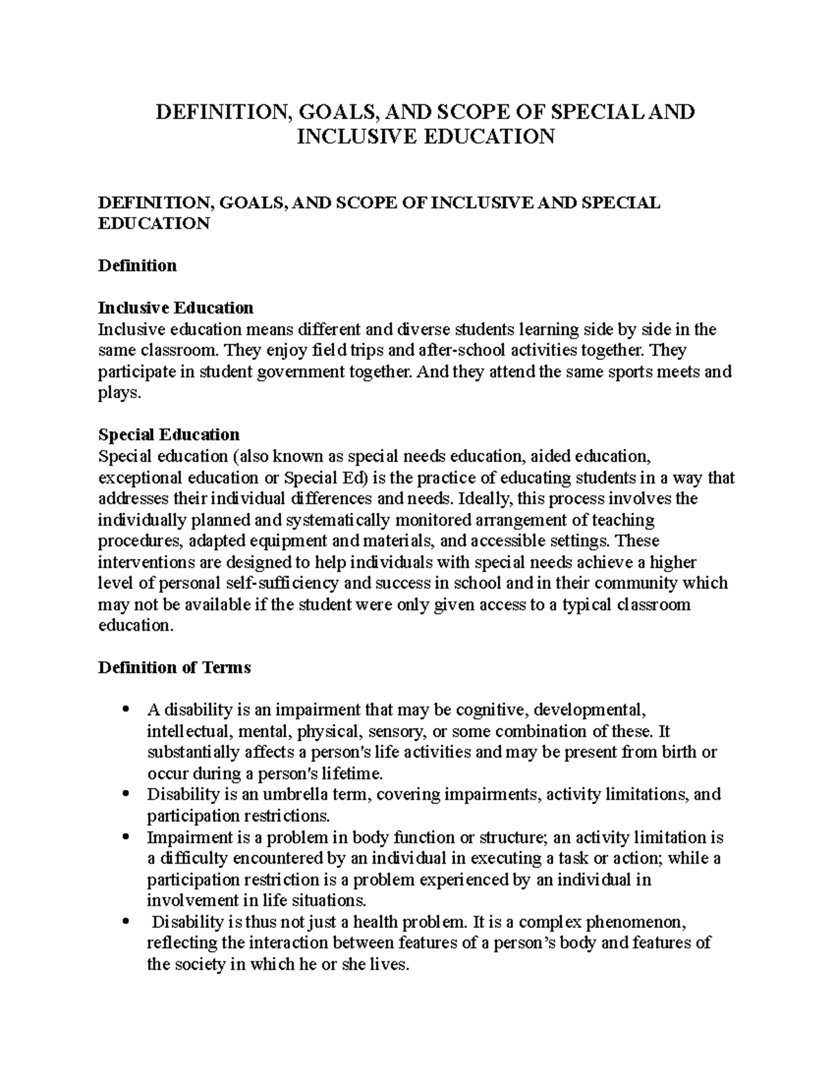 Definition, Goals, and Scope of Special & Inclusive Education - Studocu