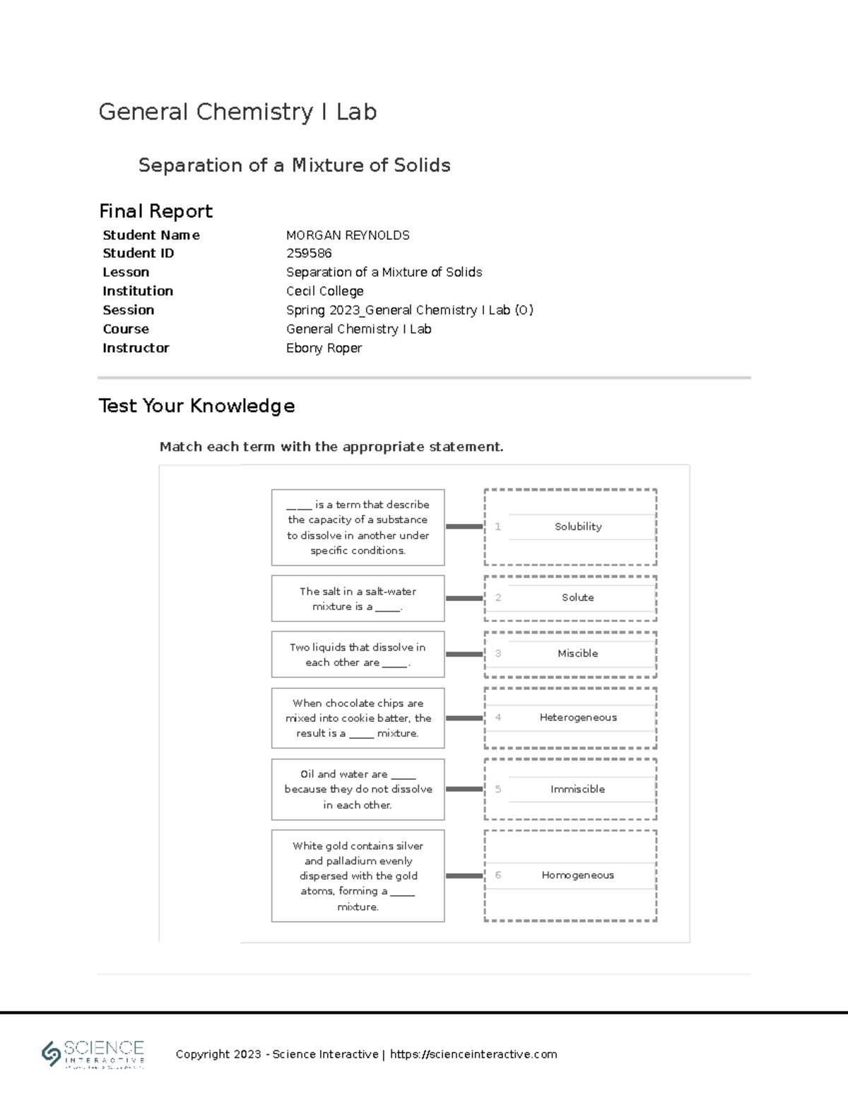 Final Report: Separation of a Mixture of Solids - Chem I Lab (259586 ...