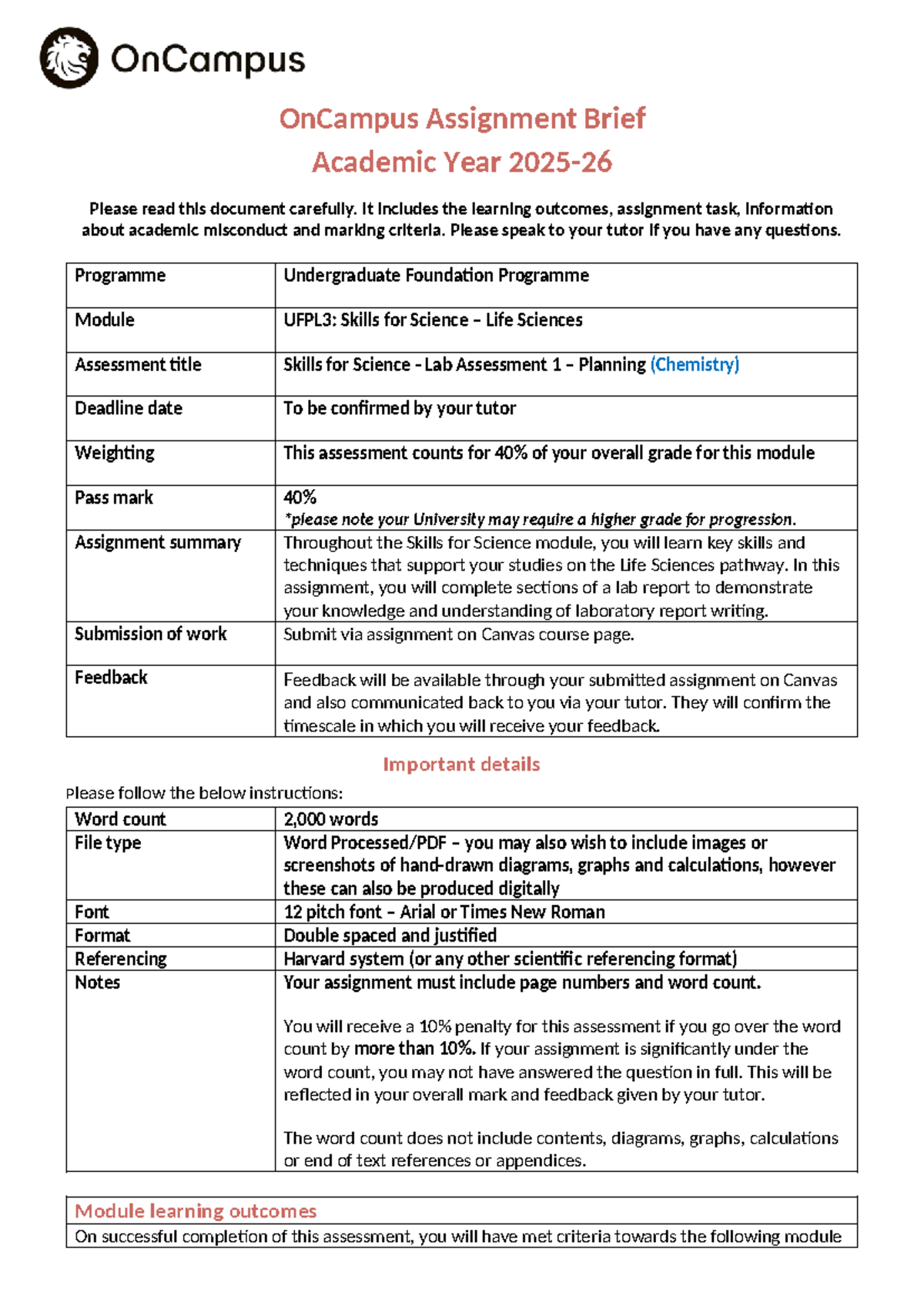 UFP Lab Assessment 1 Brief: Skills for Science (Chemistry) 2025-26 ...