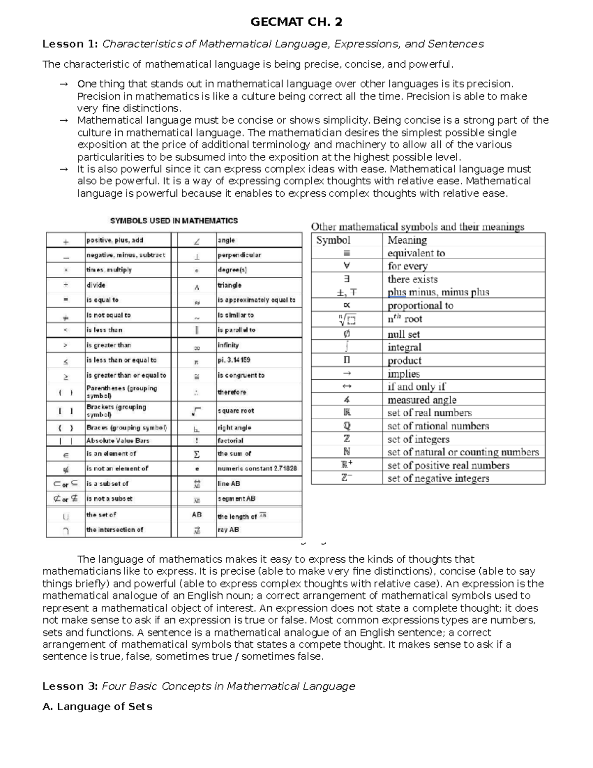 (Notes) Gecmat CH2 - GECMAT CH. 2 Lesson 1: Characteristics of ...