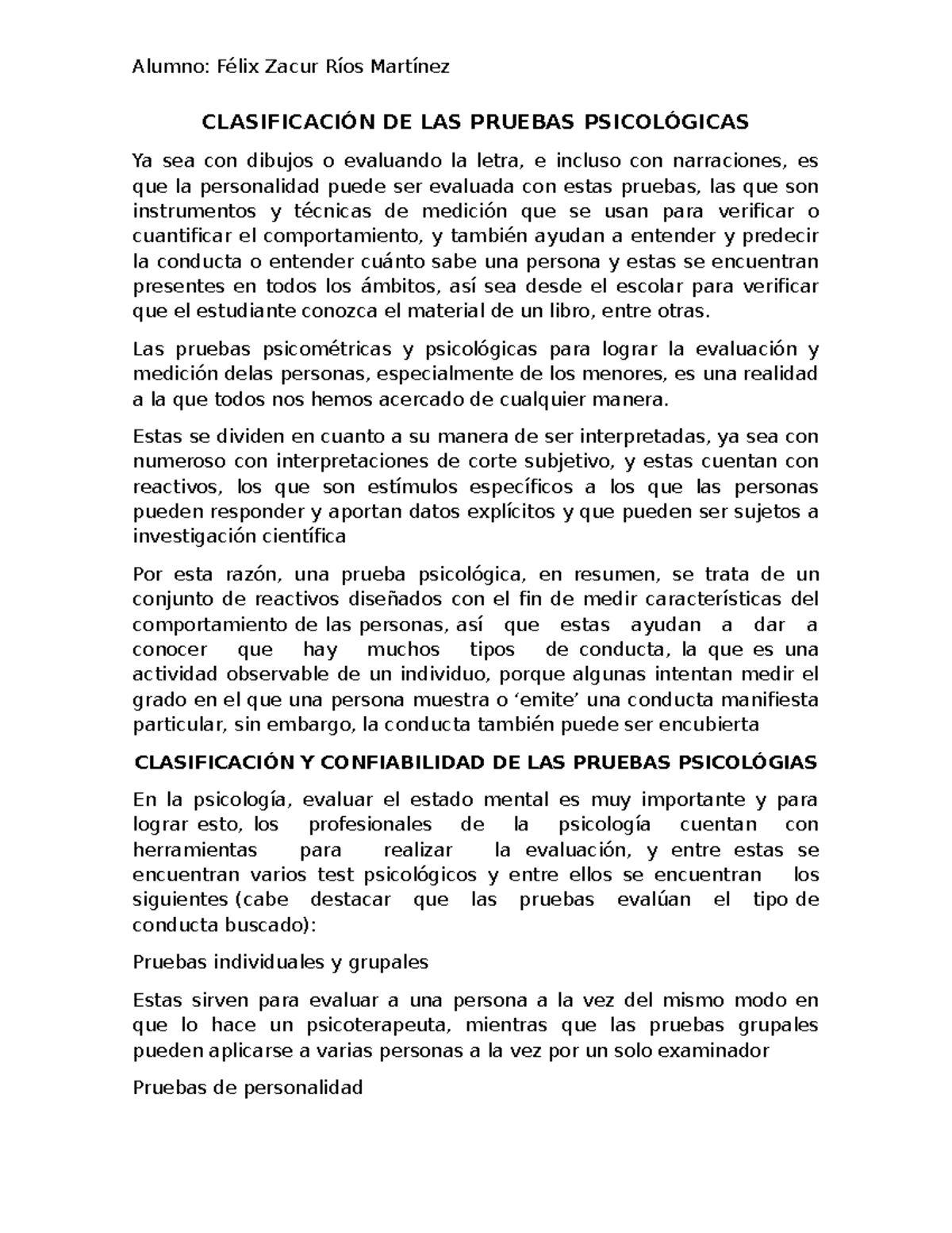 AA3 Clasificación y Tipos de Pruebas Psicológicas en Psicología - Studocu