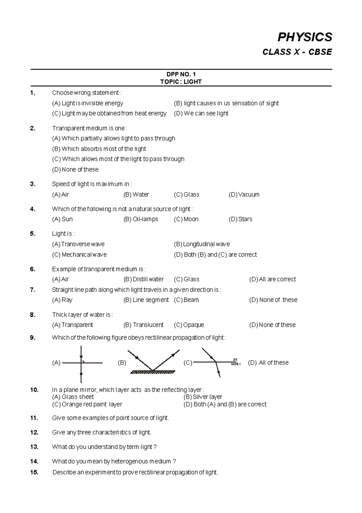 PHYSICS CLASS X CBSE DPP NO. 1 TOPIC: LIGHT AND OPTICS - Studocu