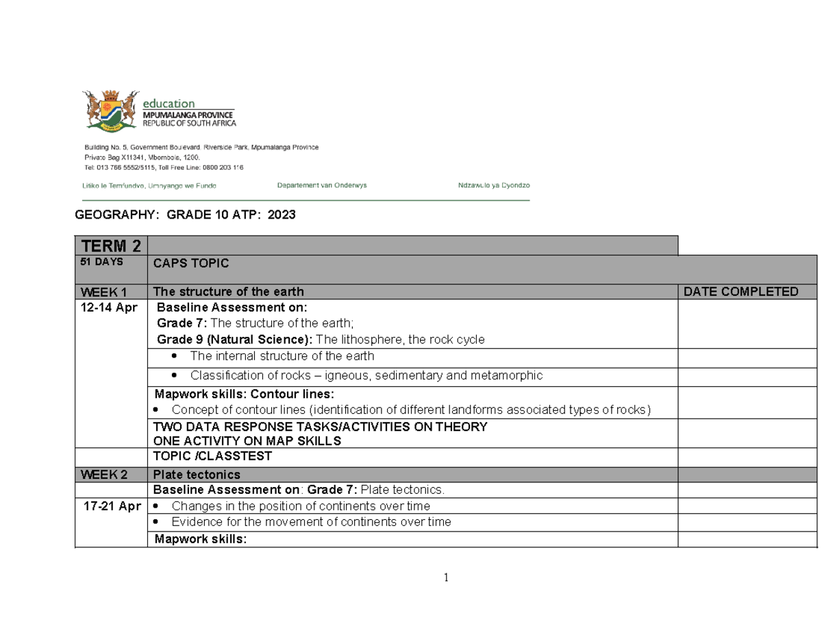 Grade 10 Geography ATP Term 2 Overview and Activities 2023 - Studocu