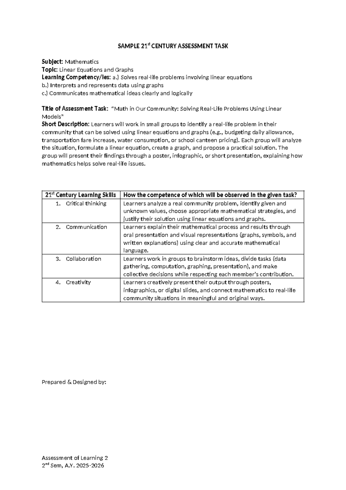 Assessment Task: Solving Community Problems with Linear Equations (Math ...