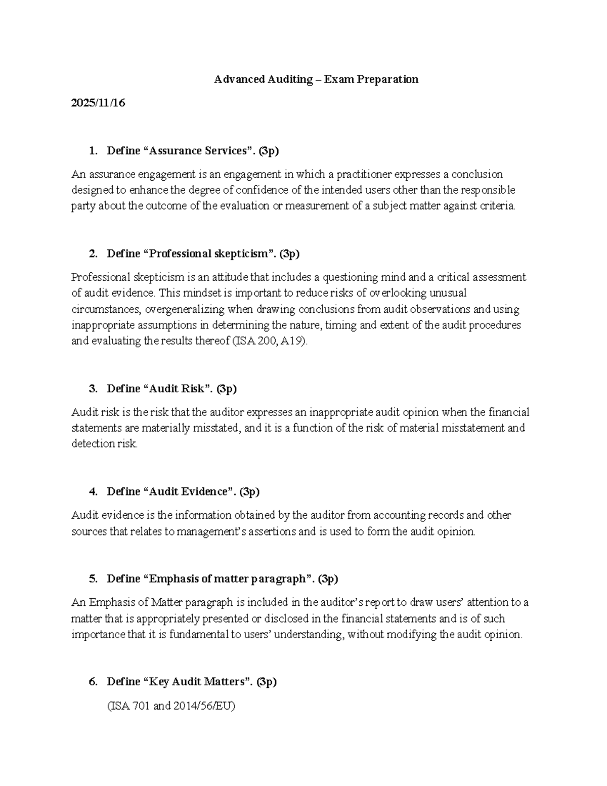 Advanced Auditing - Exam Prep Notes for Final Exam - Studocu