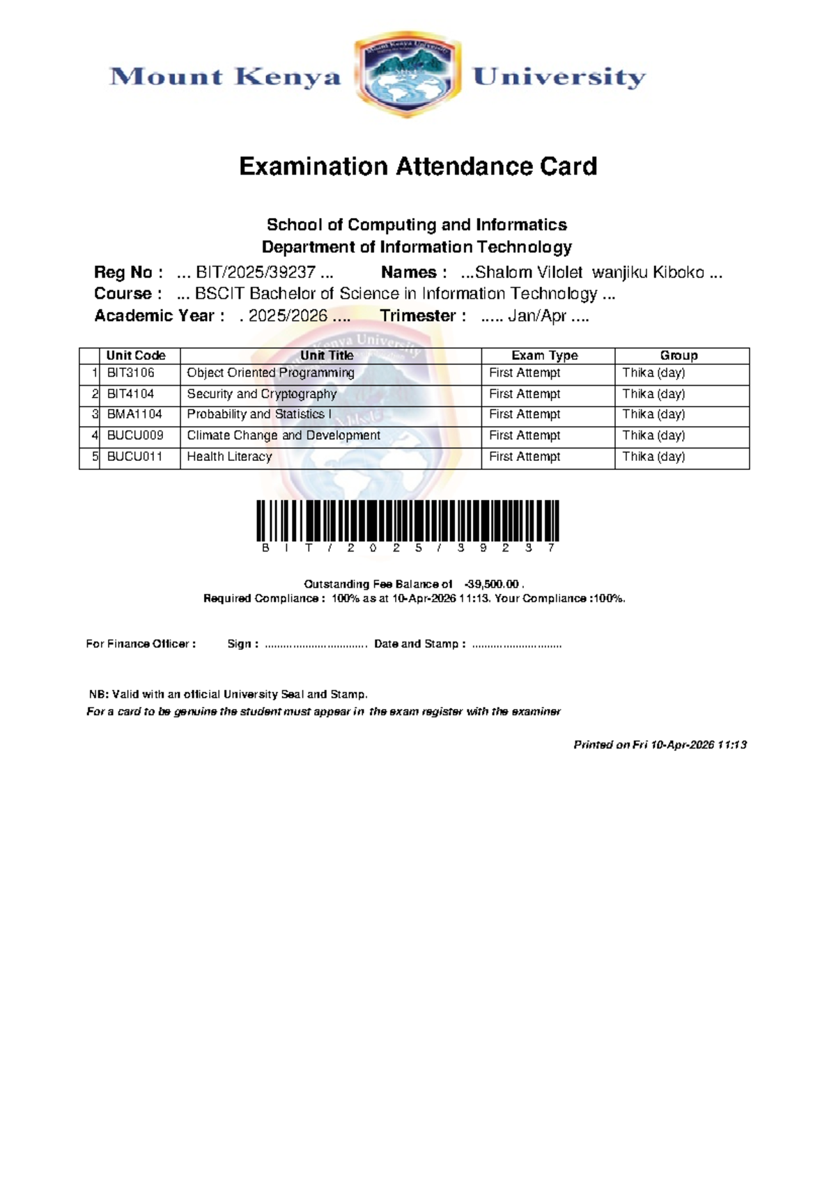Exam Attendance Card for BIT3106, BIT4104, BMA1104, BUCU009, BUCU011 ...
