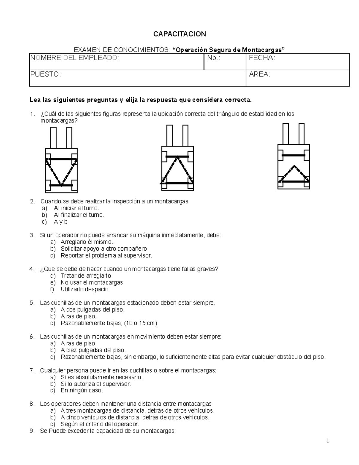 Examen Final de Conocimientos sobre Montacargas - Capacitación - Studocu