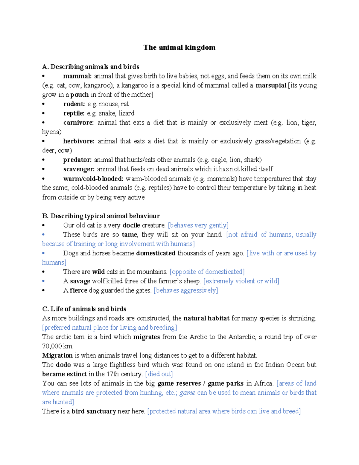 Animals Vocabulary: Understanding the Animal Kingdom - Studocu