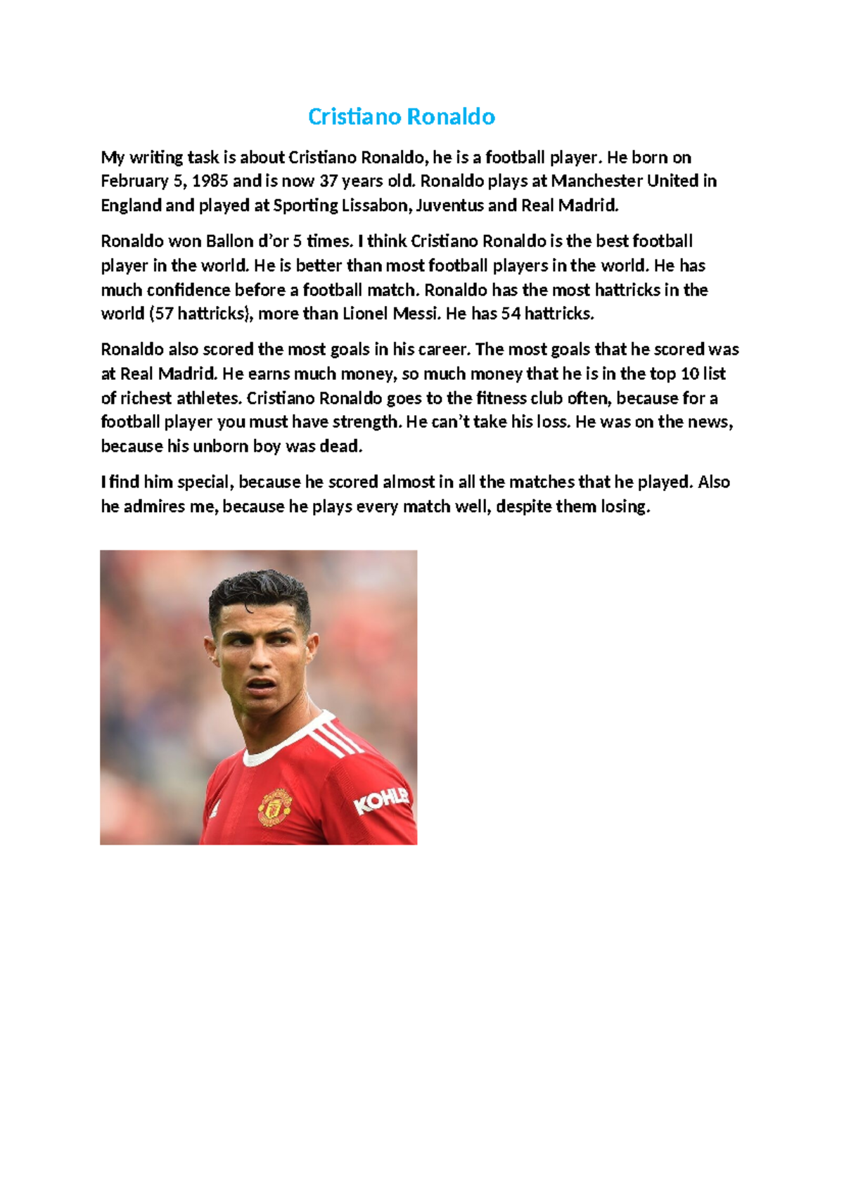 Writing Task on Cristiano Ronaldo - 1vhb - Studeersnel