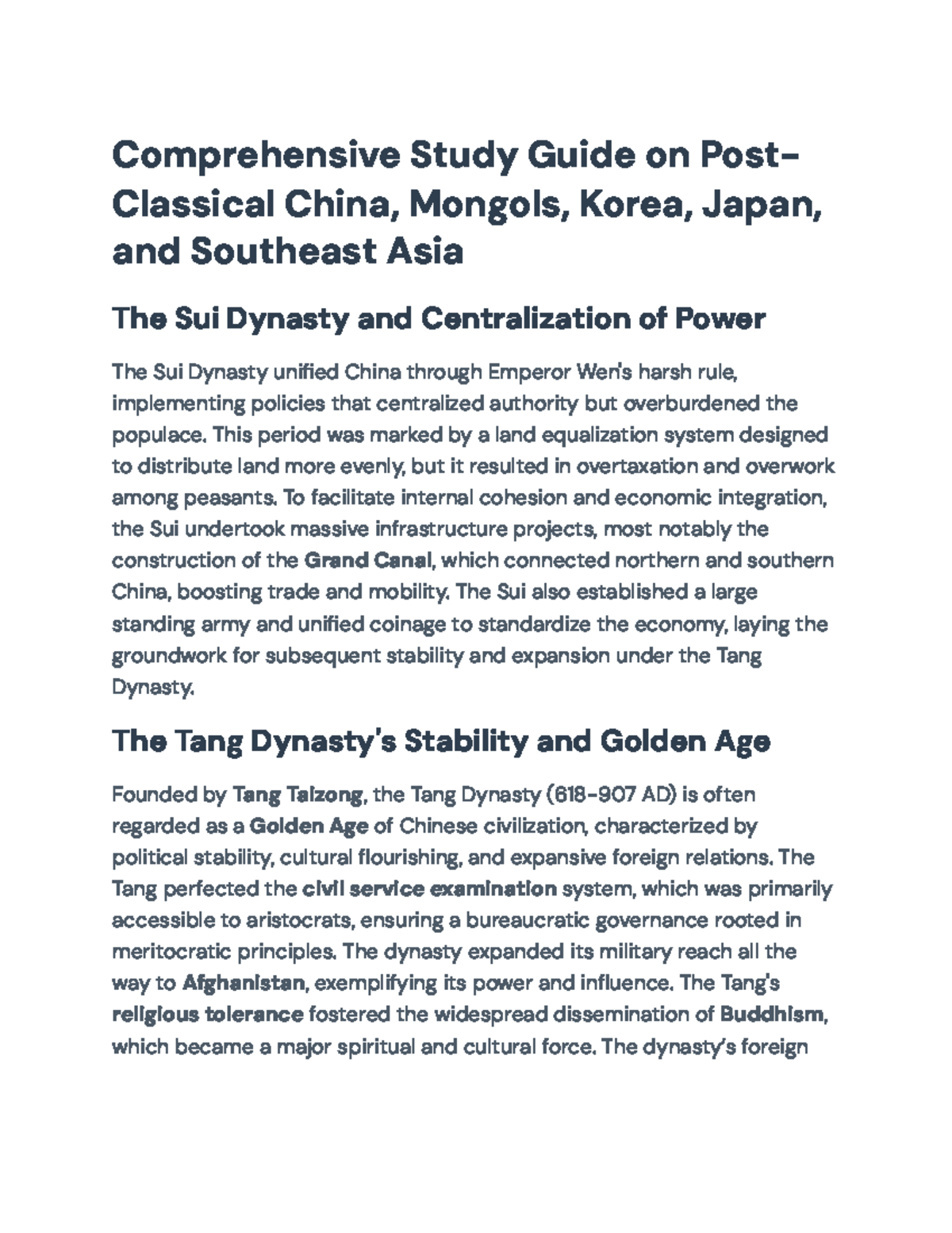 Comprehensive Study Guide on Chinese Dynasties & Mongol Influence (HIST ...