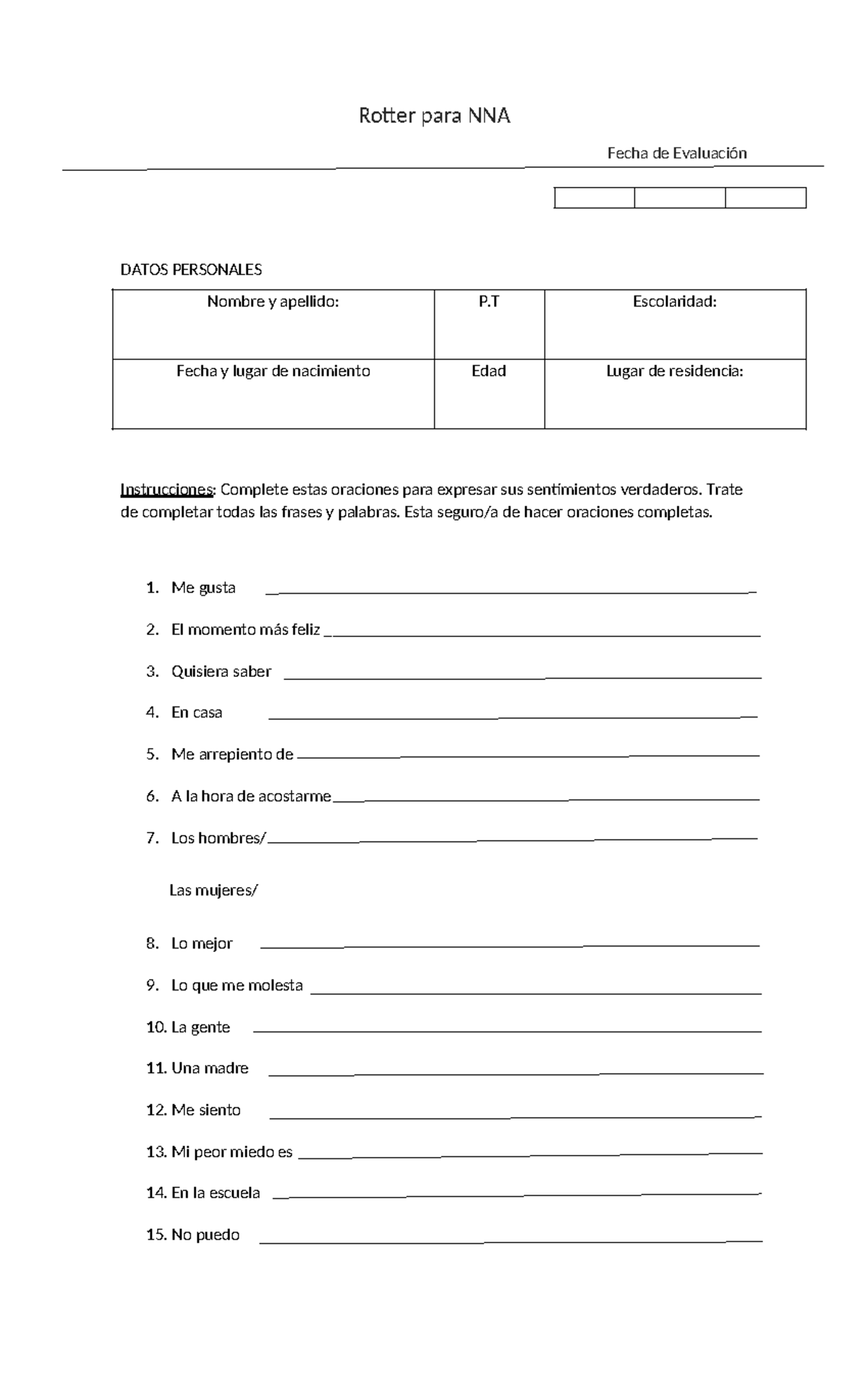 Test de Rotter: Frases para NNA - Evaluación Personal - Studocu