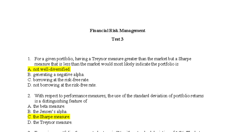 Financial Risk Management Test 3 - Key Answers and Insights - Studocu