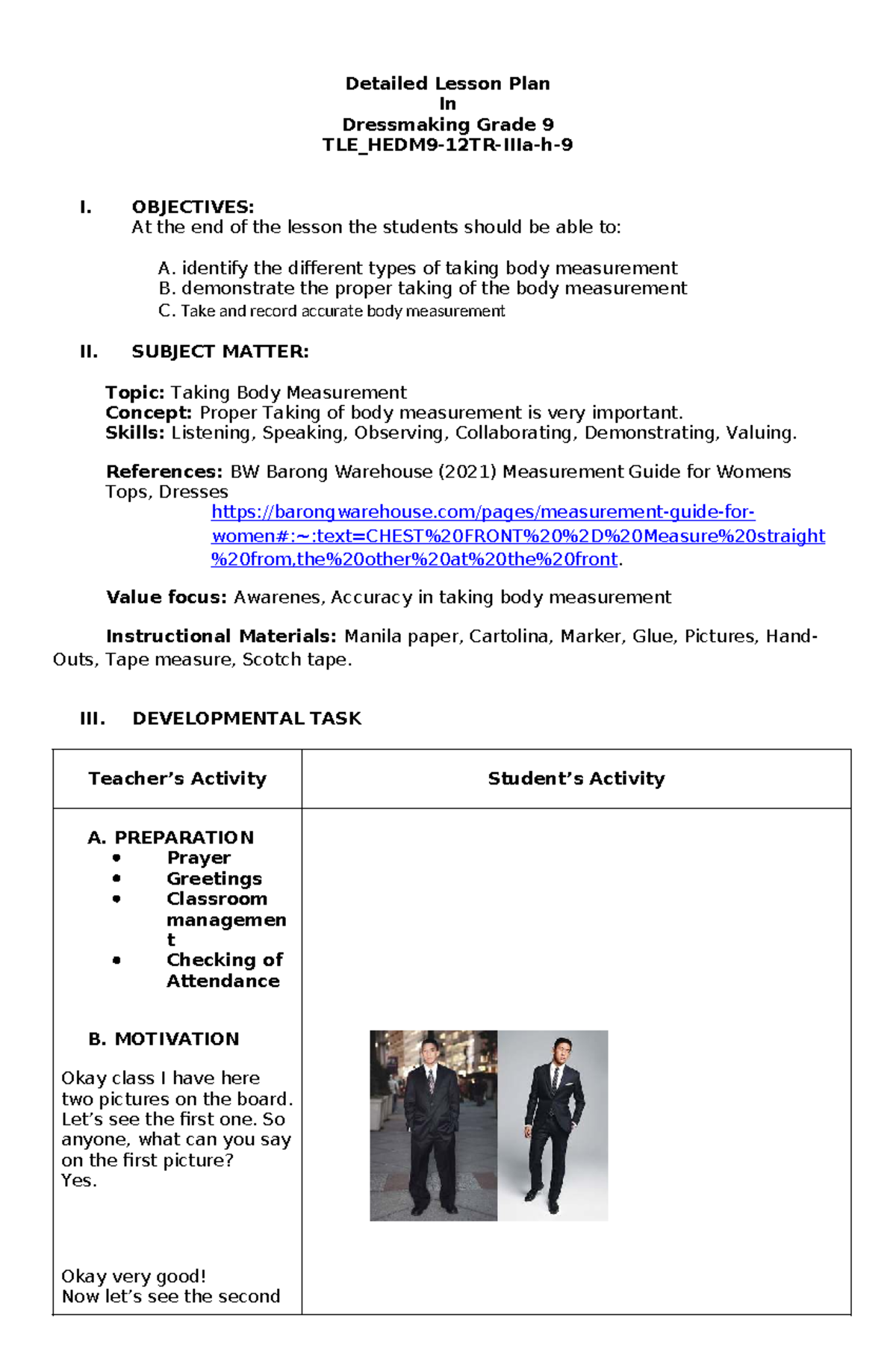 TLE-HE Grade 9 Detailed Lesson Plan: Taking Body Measurements - Studocu