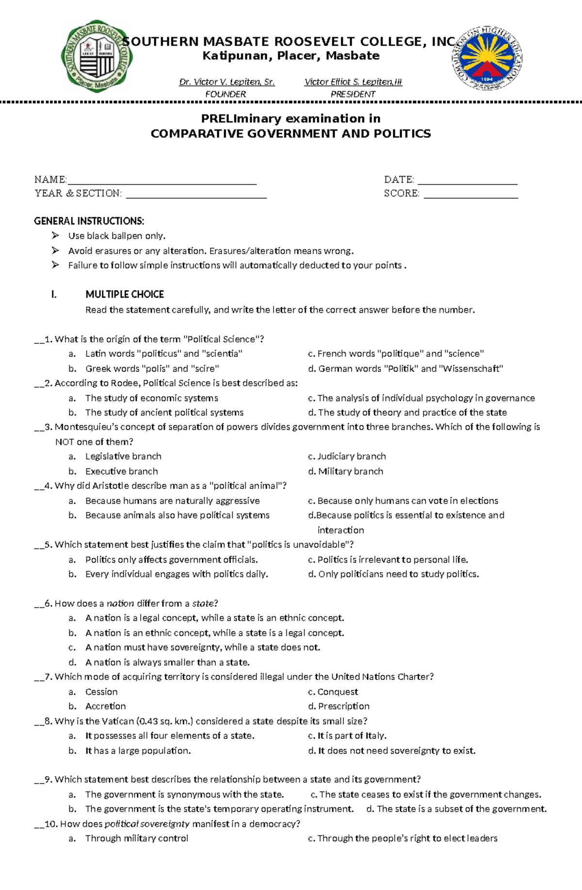 Prelim Exam in Comparative Government and Politics (CGP) - Studocu