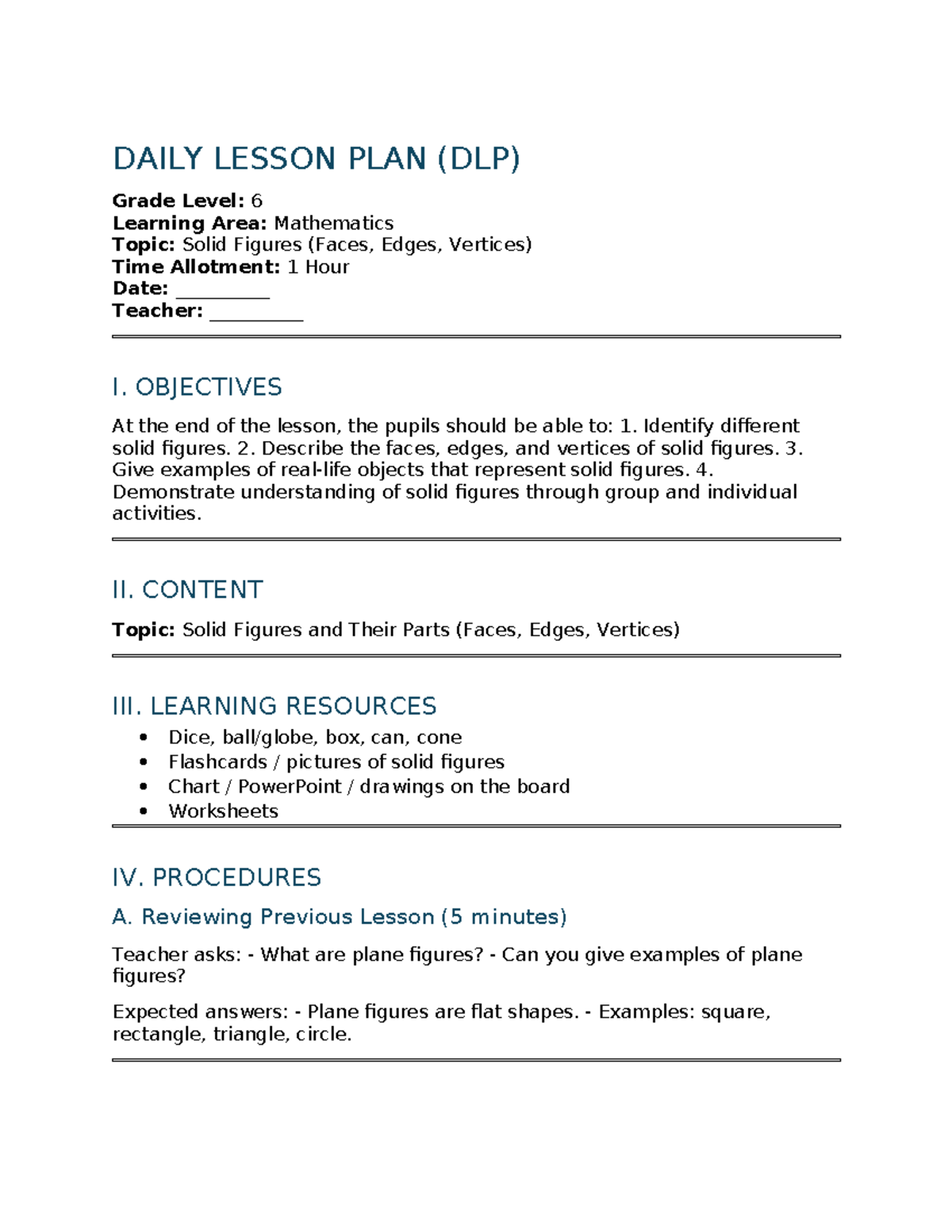 DLP: Solid Figures Lesson Plan for Grade 6 Mathematics - Studocu