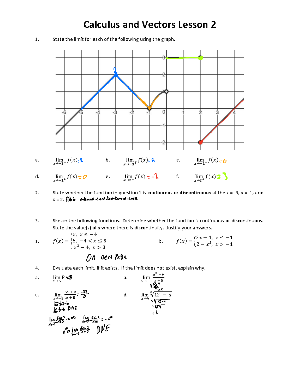 Calculus and Vectors Lesson 2: Limits and Continuity Analysis - Studocu