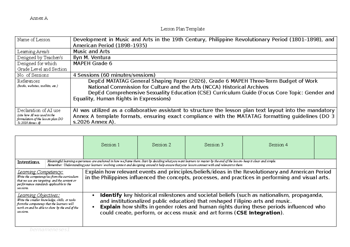 MAPEH Grade 6 Lesson Plan: Music and Arts in the 19th Century - Studocu