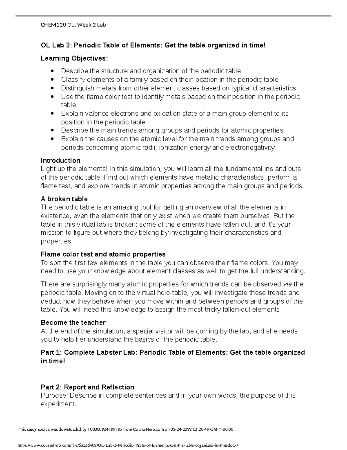 CHEM 120 Unit 2 Lab OL Lab 3 Periodic Table of Elements - OL Lab 3 ...