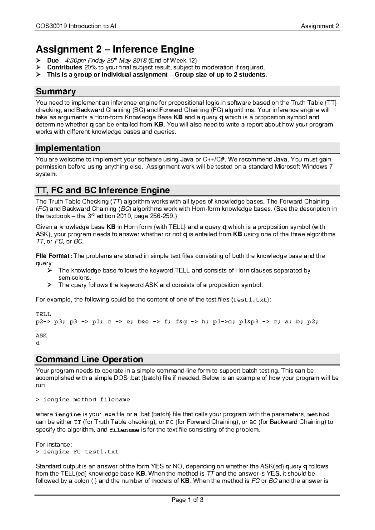 COS30019-2018 S1-A2 - COS30019 Introduction to AI Assignment 2 Assignment 2 – Inference Engine ...