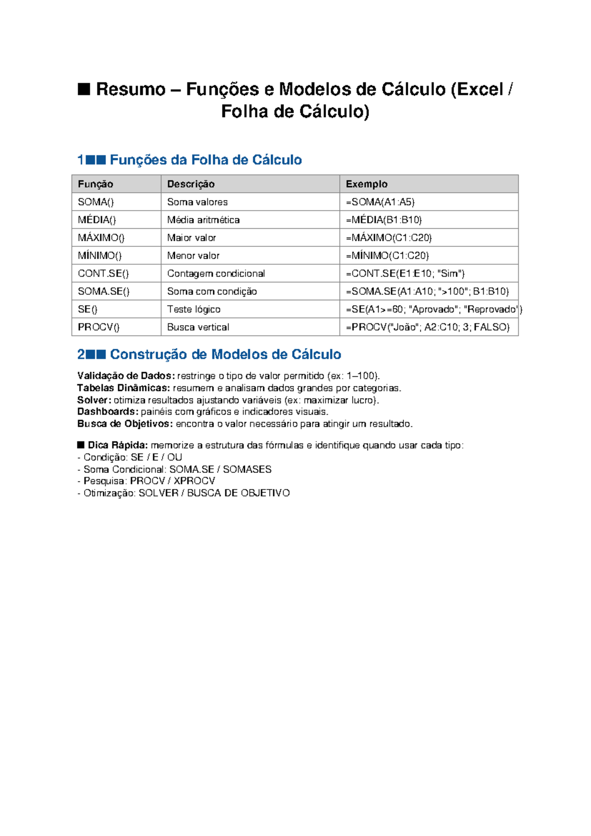 Resumo de Funções e Modelos de Cálculo em Excel (Resumo Folha de ...