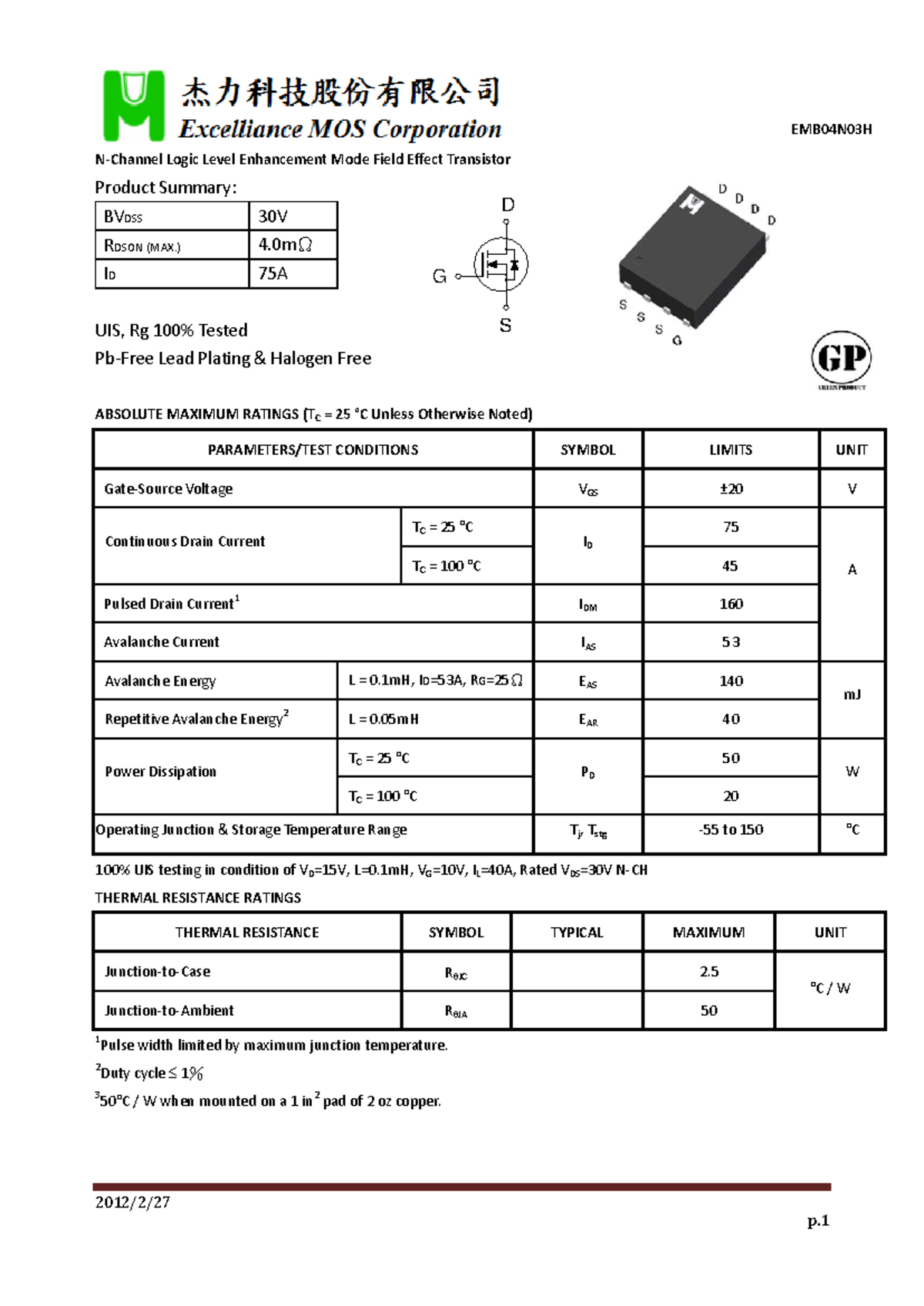 EMB04N03H Logic Level Enhancement Mode FET Product Summary - Studocu
