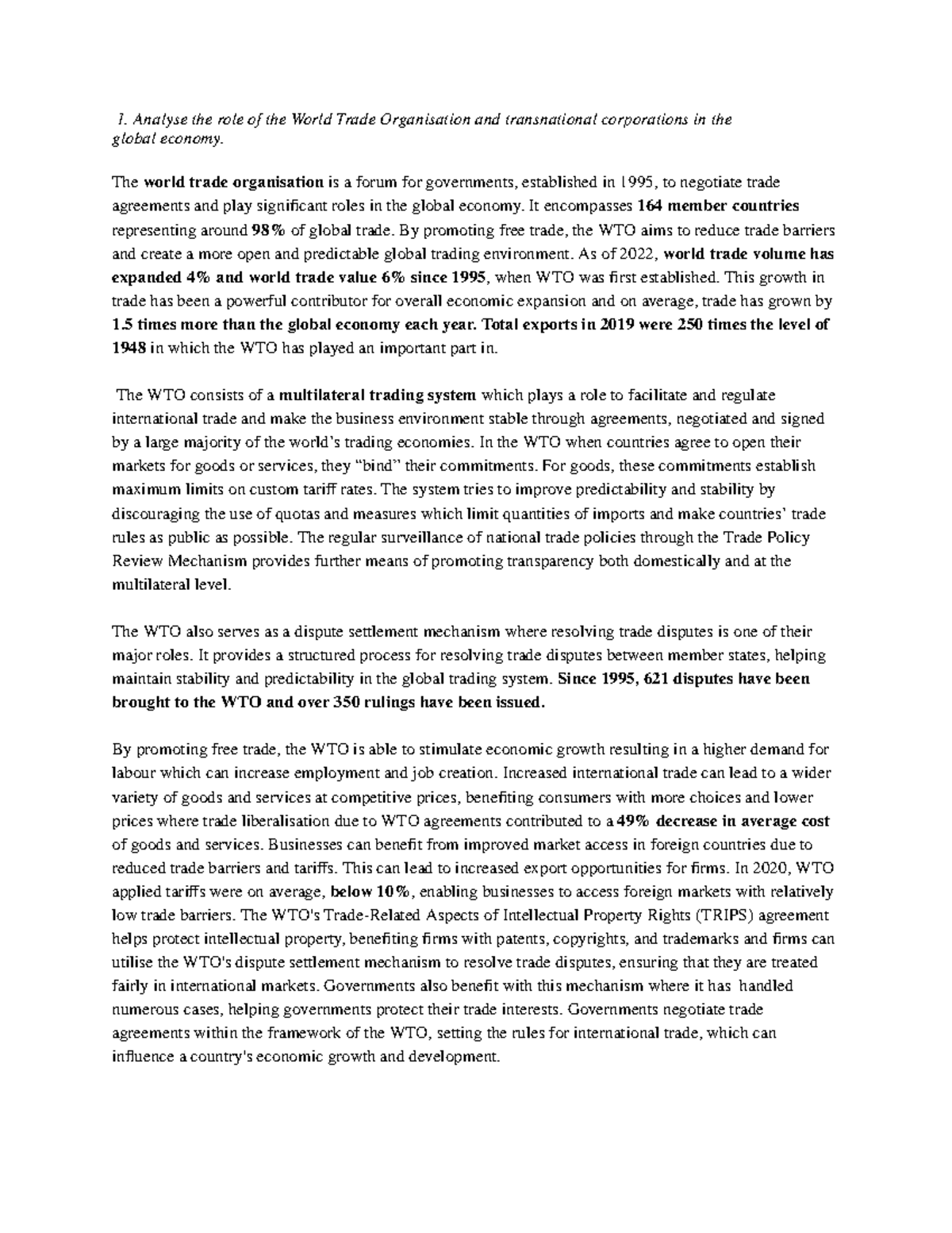 1. Role of WTO and TNCs in Global Economy - Essay Analysis - Studocu