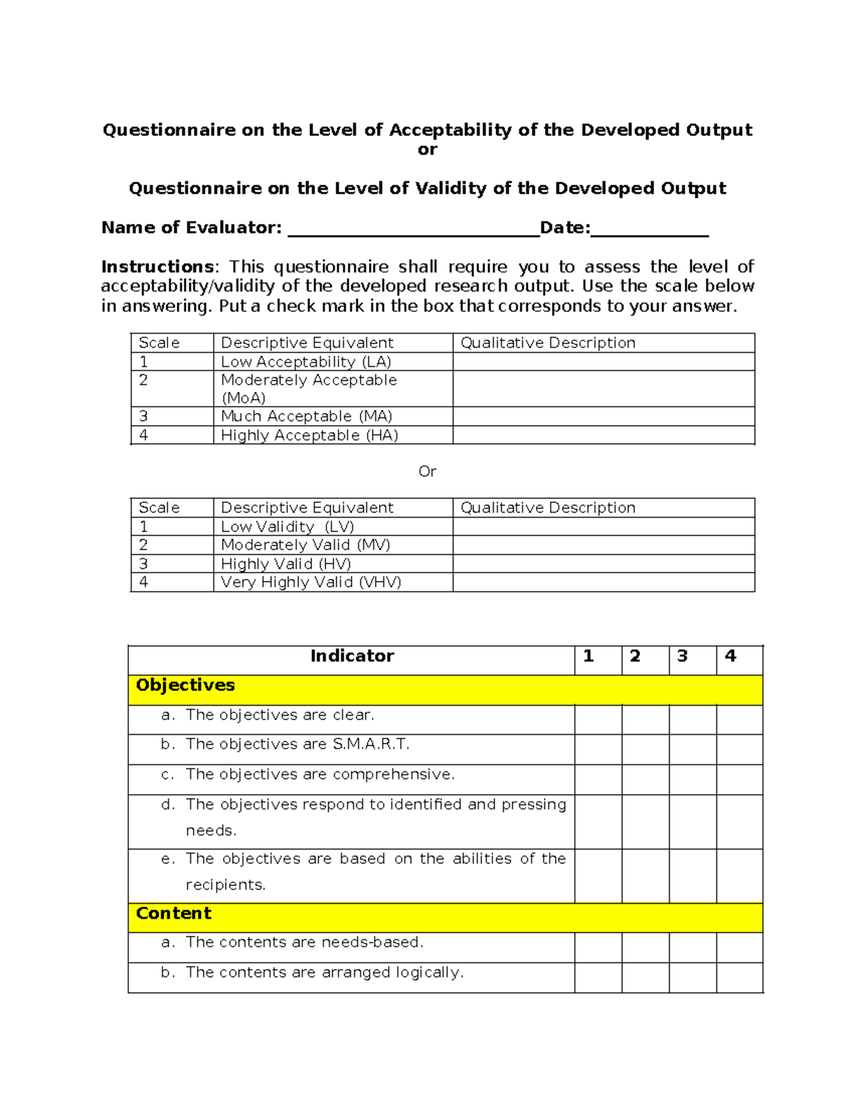 Questionnaire on Acceptability & Validity of Research Output - Studocu