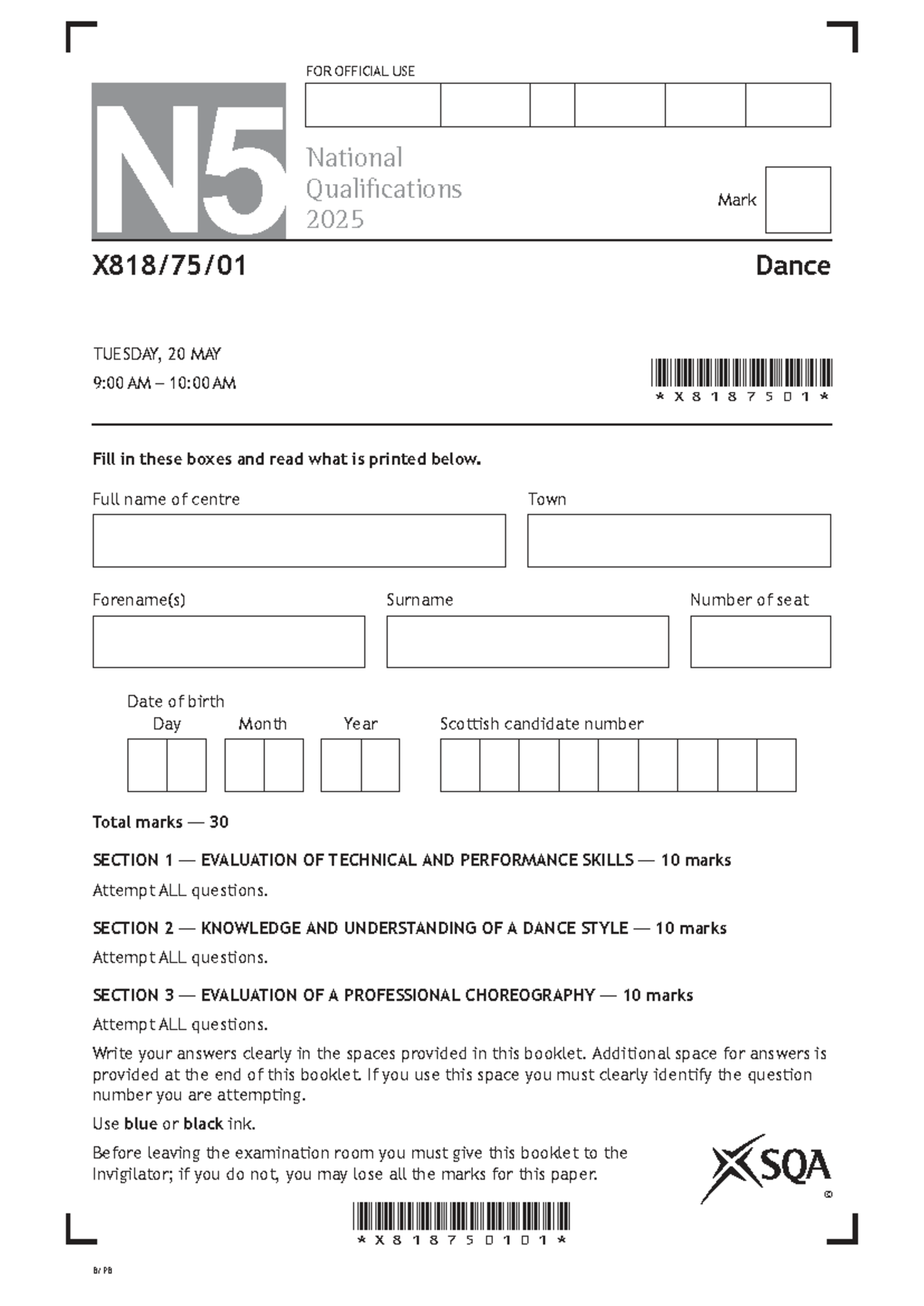 N5 Dance Exam Paper 2025 - Evaluation & Choreography Questions - Studocu