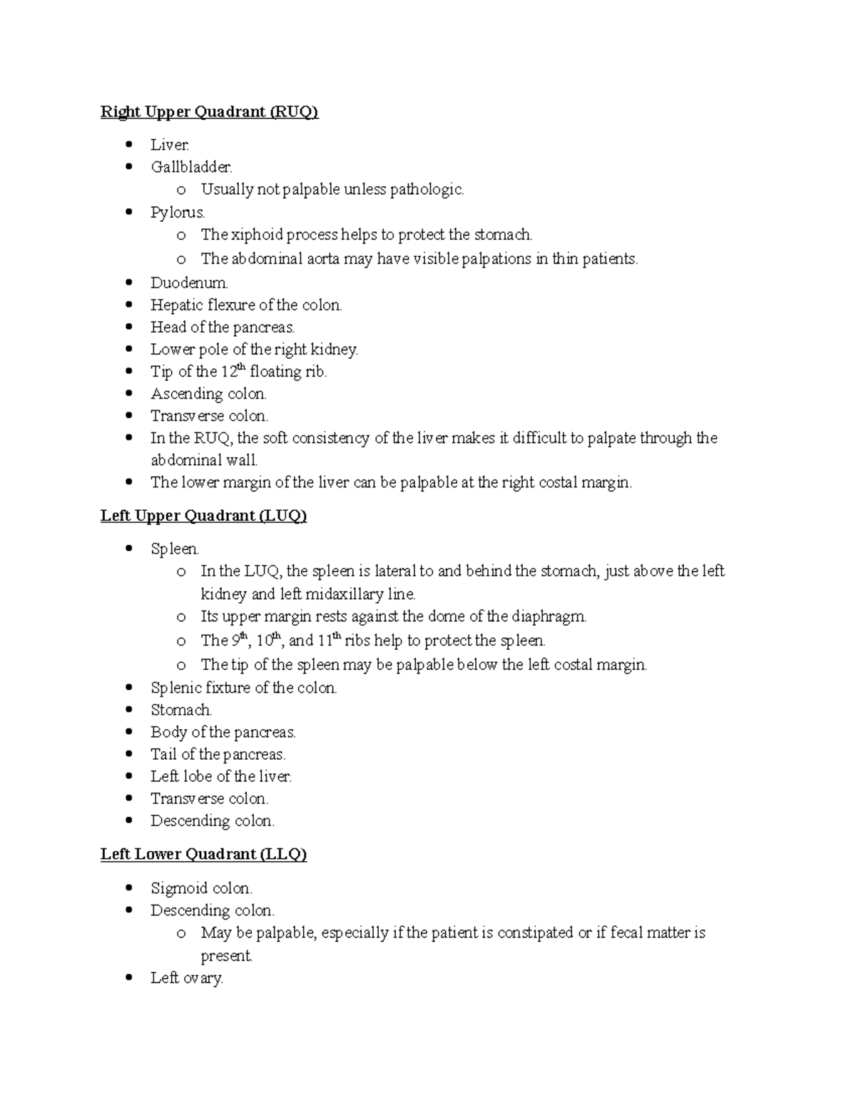 Abdomen Examination Notes: RUQ, LUQ, LLQ, RLQ Insights - Studocu