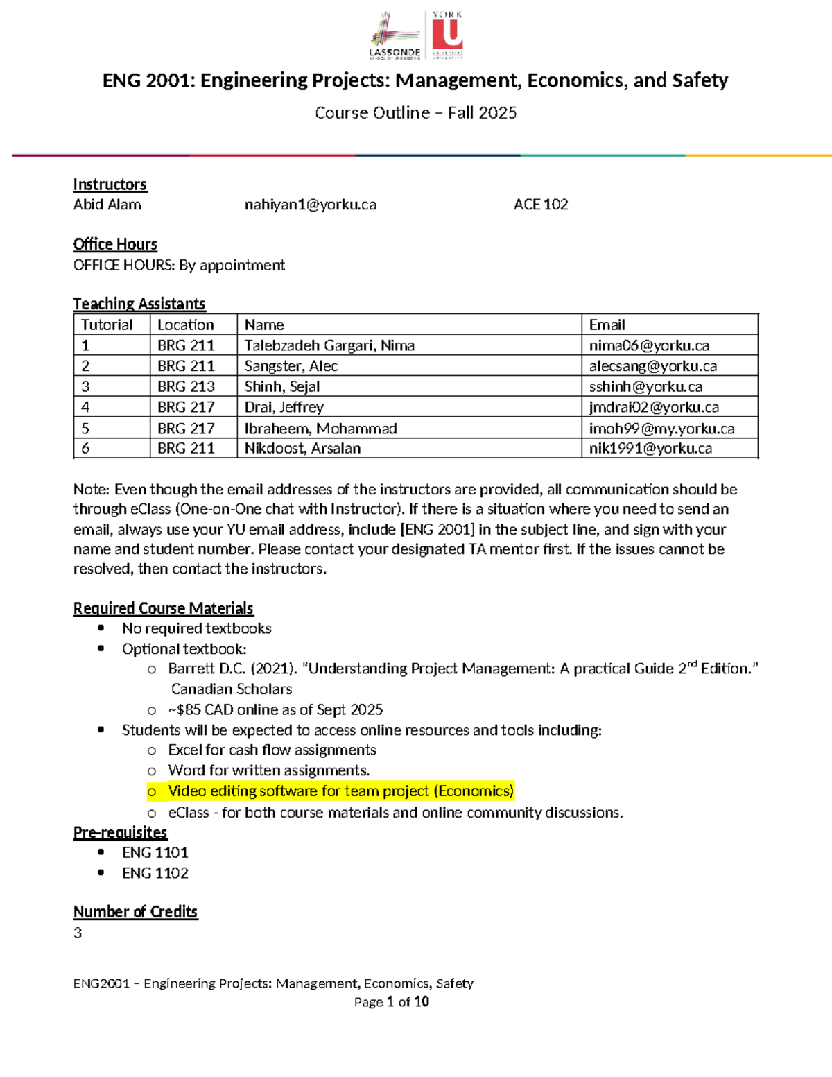 ENG 2001: Course Outline for Engineering Projects Management & Safety ...