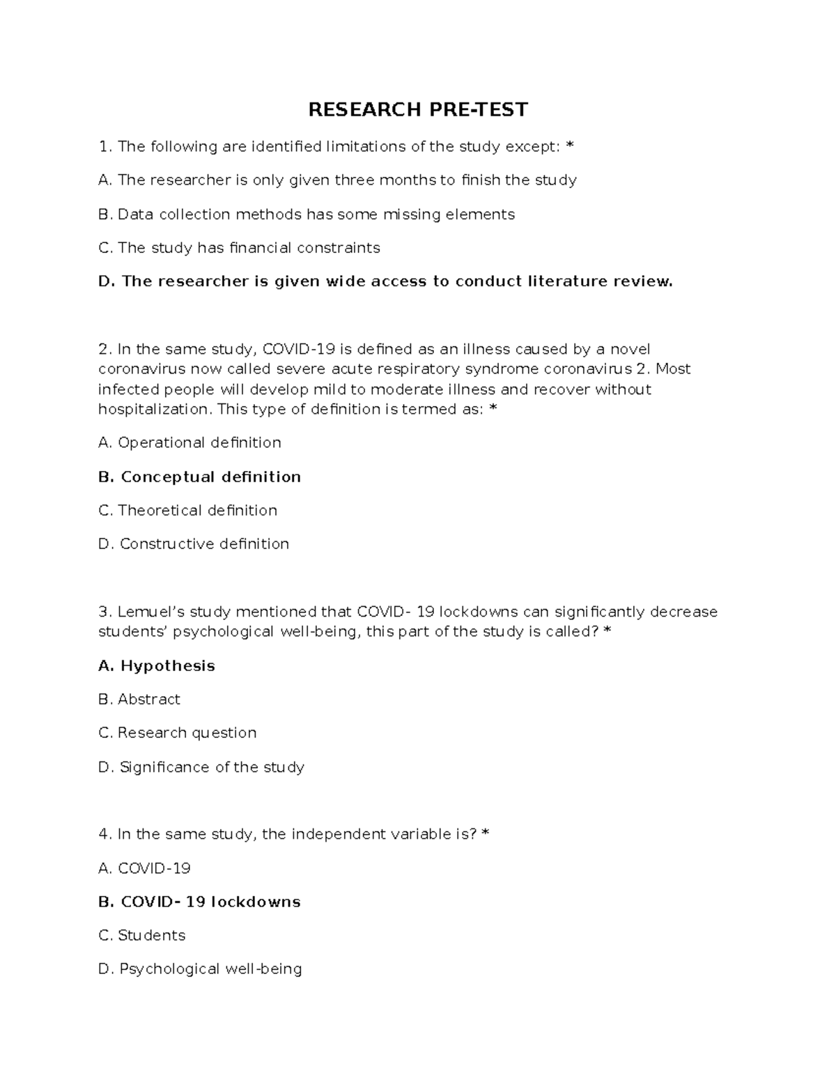 Research Quiz - PRE-TEST on COVID-19 Effects & Sampling Methods - Studocu