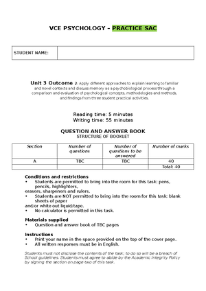 Psychology- Unit 3 - Grade: 12 - Victorian Certificate of Education ...